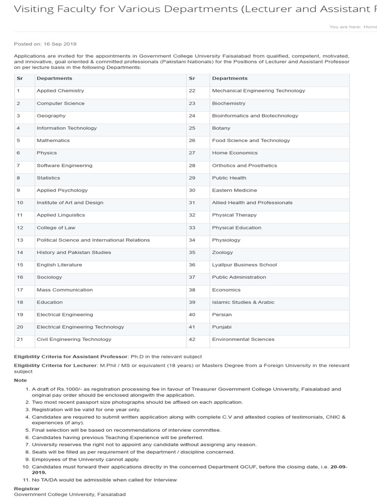 GCUF Hiring Lecturers & Assistant Professors | PDF | Doctor Of Philosophy