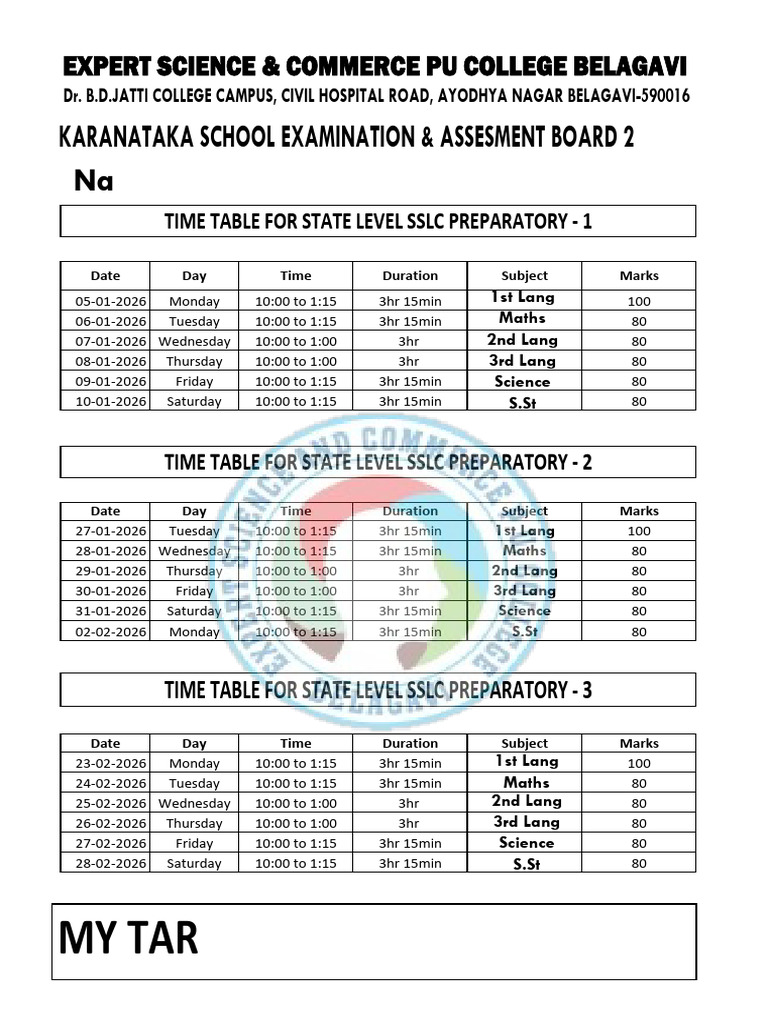 SSLC Preparatory Exam Timetable 2026 | PDF