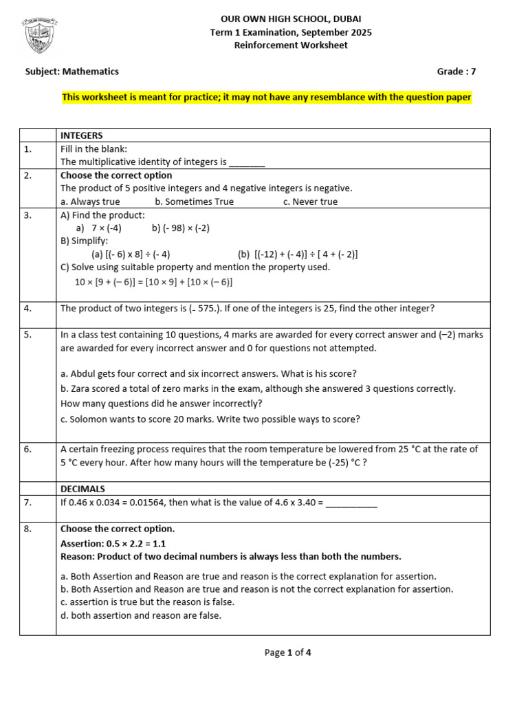 G7 Term-1 Reinforcement Worksheet Math | PDF | Numbers | Rational Number