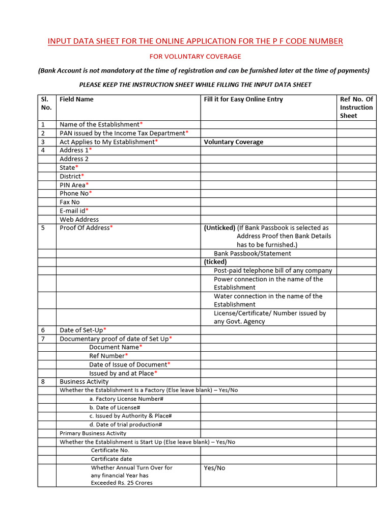 P F Code Number Application Input Sheet | PDF