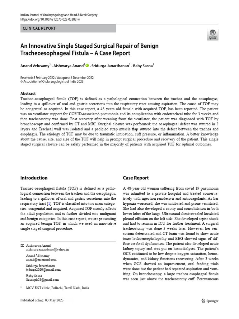 An Innovative Single Staged Surgical Repair of Benign Tracheoesophageal ...
