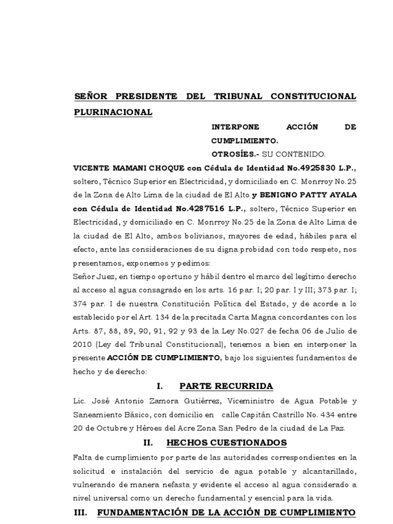 Modelo de Memorial Acción de Cumplimiento (Copia) | PDF | Derecho ...
