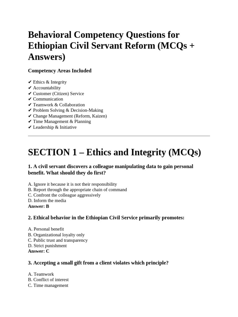 Ethiopian Civil Service Competency MCQs | PDF | Time Management ...