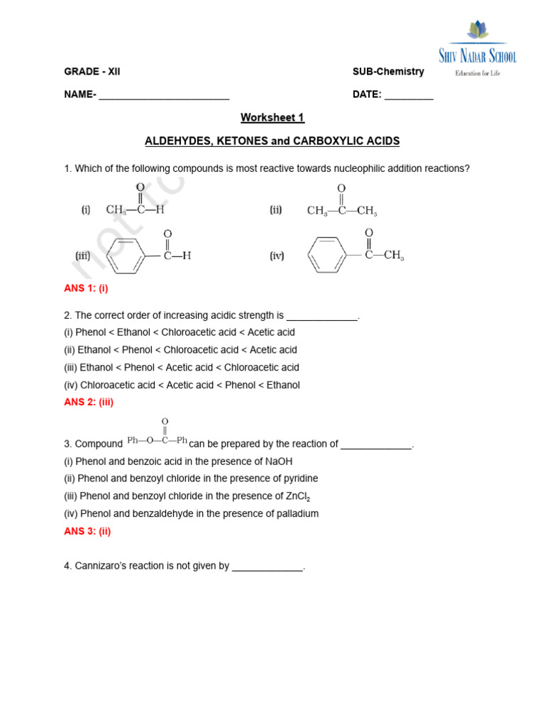 Aldehydes, Ketones & Carboxylic Acids Worksheet | PDF | Aldehyde | Ketone
