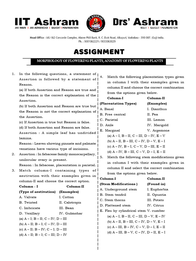 Morphology of Flowering Plants and Anatomy of Flowering Plants - Sheet ...