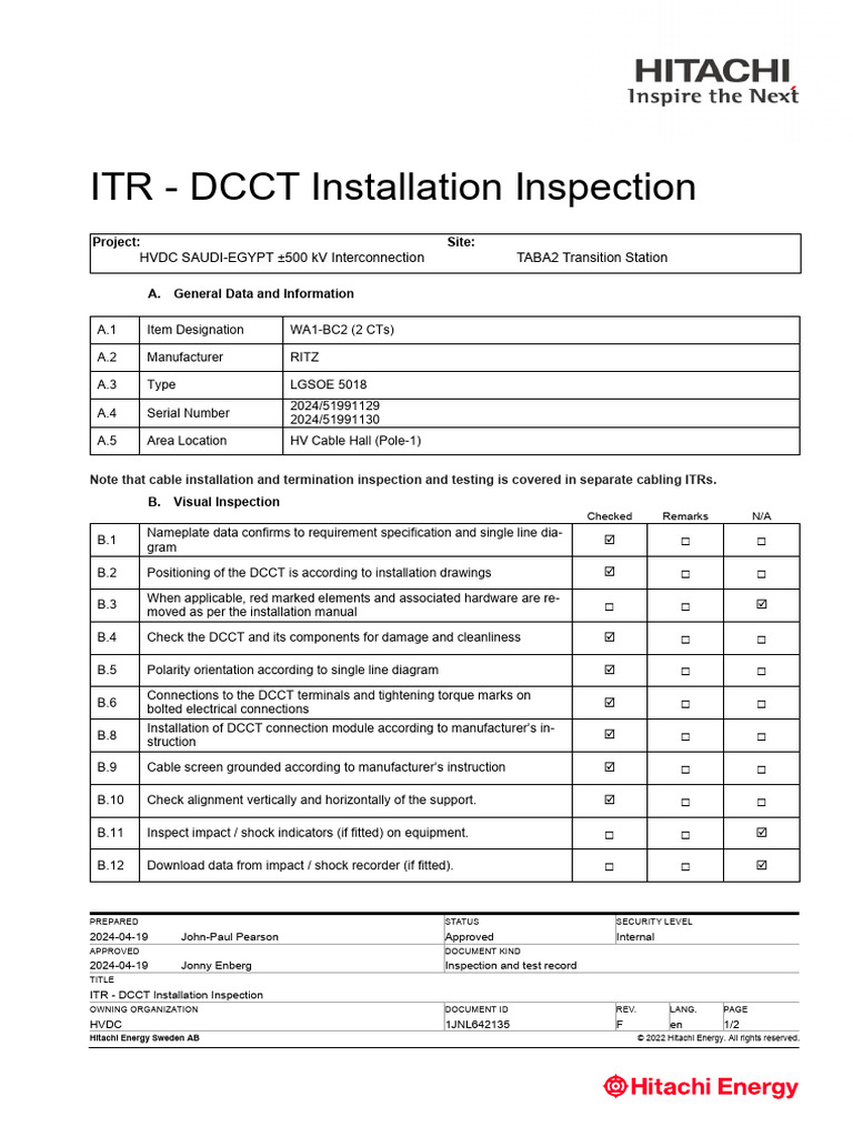 DCCT Installation Inspection Report | PDF | Electric Power | Electricity