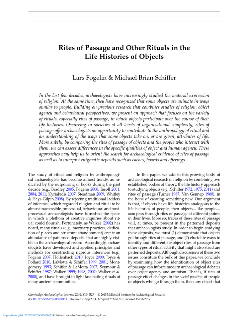 Rites of Passage and Other Rituals in The Life Histories of Objects ...