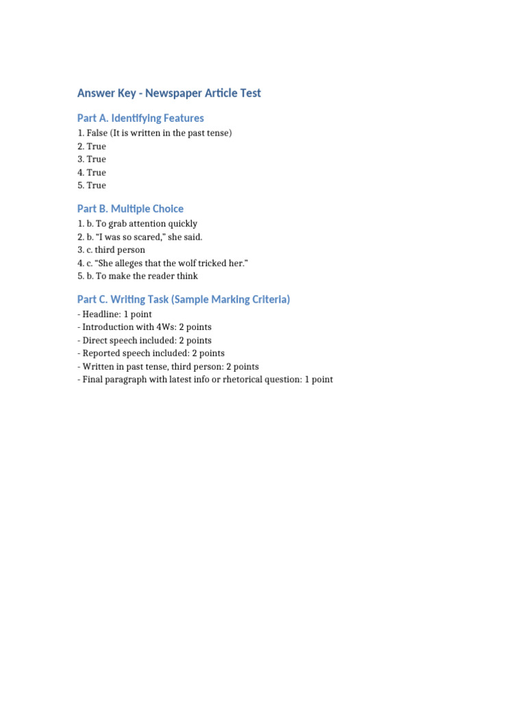 Newspaper Article Test Answer Key | PDF