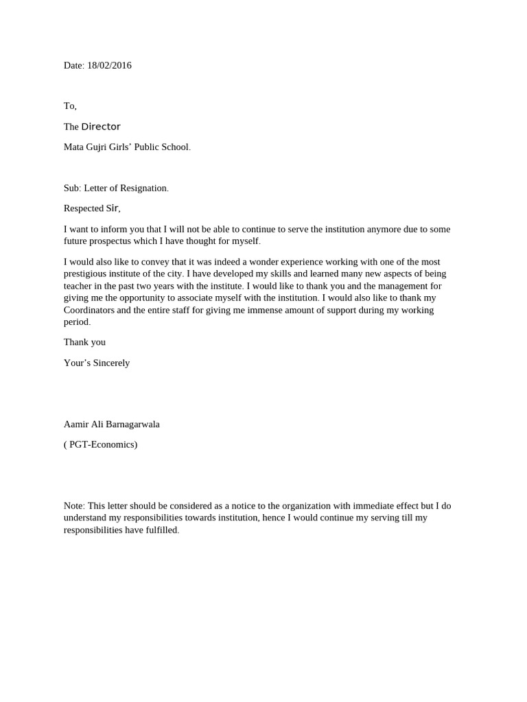Resignation Letter Sir | PDF