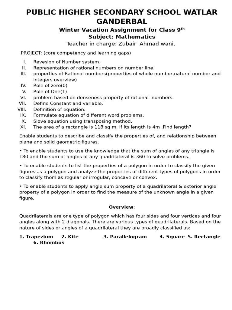 Class 9 Winter Math Assignment Guide | PDF | Rectangle | Elementary ...
