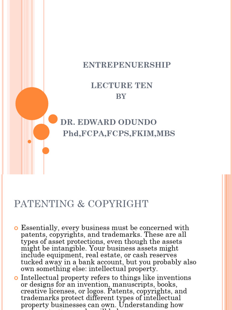 Entrepreneurship Lecture 10 (4) 2024 | PDF | Trademark | Patent