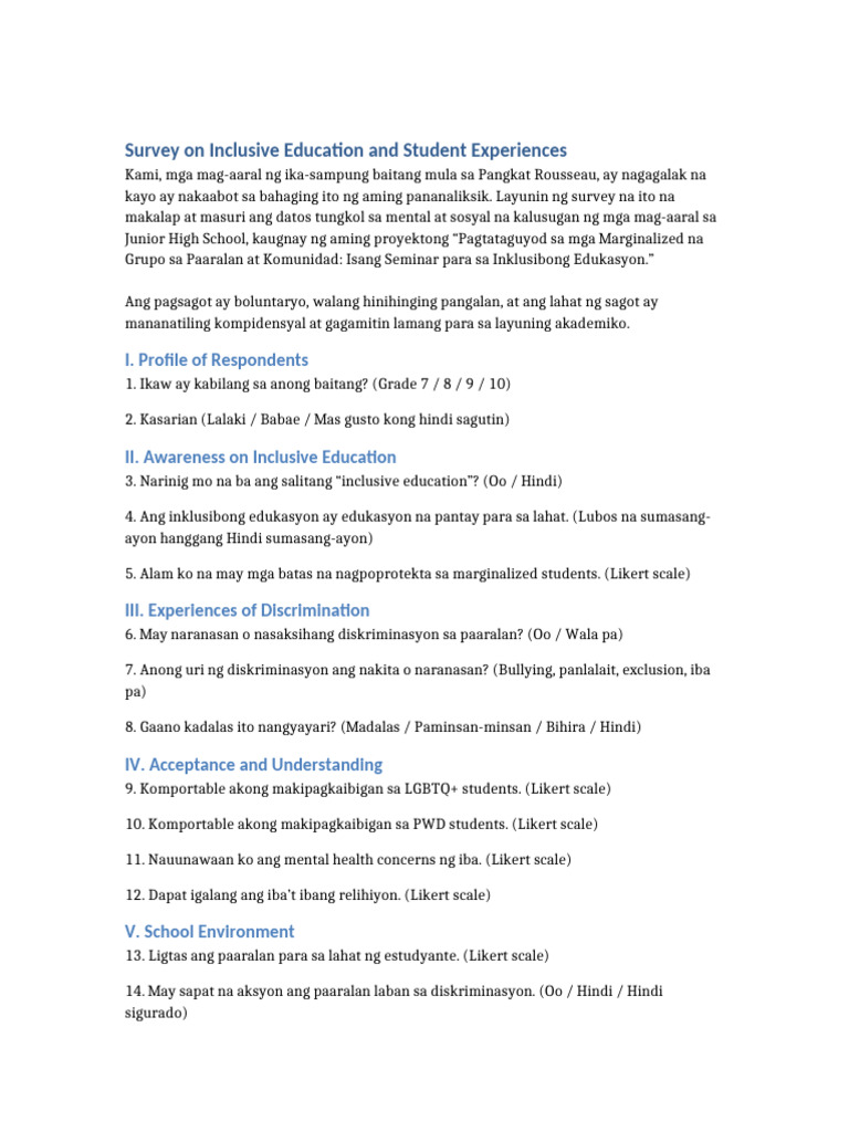 Inclusive Education Survey | PDF