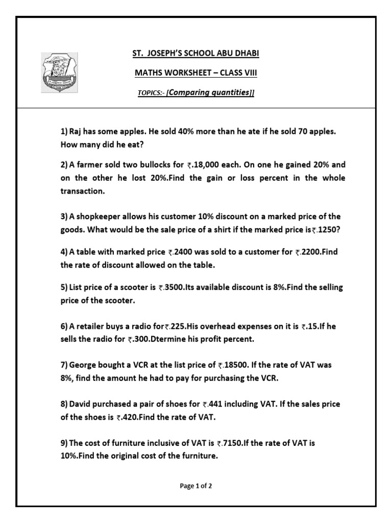 Work Sheet Class VIII Comparing Quantities | PDF | Prices | Interest