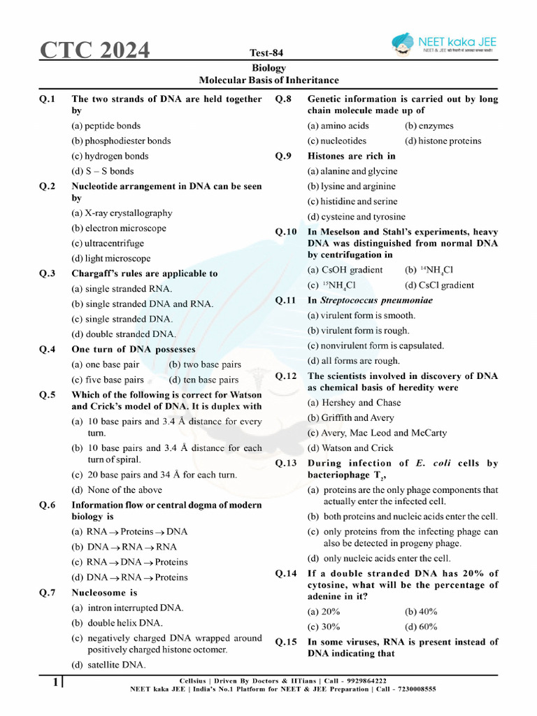 CTC Test 71 Biology Molecular Basis of Inheritance | PDF