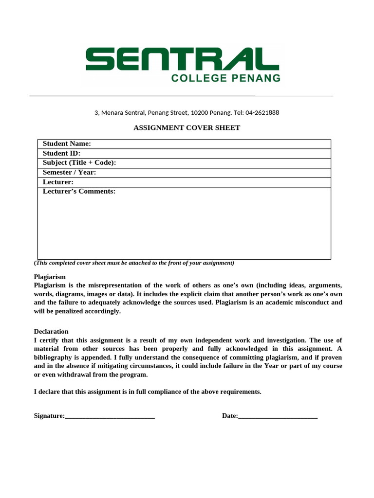 Assignment Cover Sheet and Plagiarism Policy | PDF