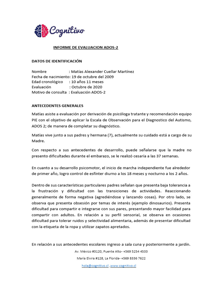 Informe Evaluación ADOS-2 Matías Cuellar | PDF | Comunicación | Autismo