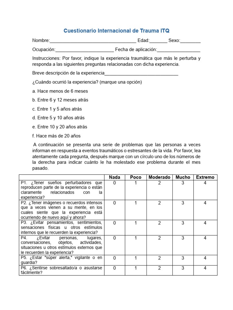Cuestionario Internacional de Trauma ITQ | PDF | Trauma psicólogico ...