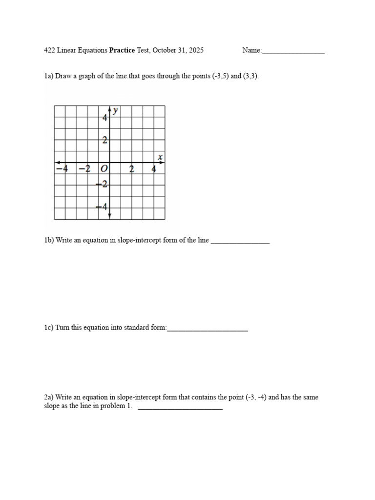 422 Linear Equations Practice Test, October 31, 2025 | PDF