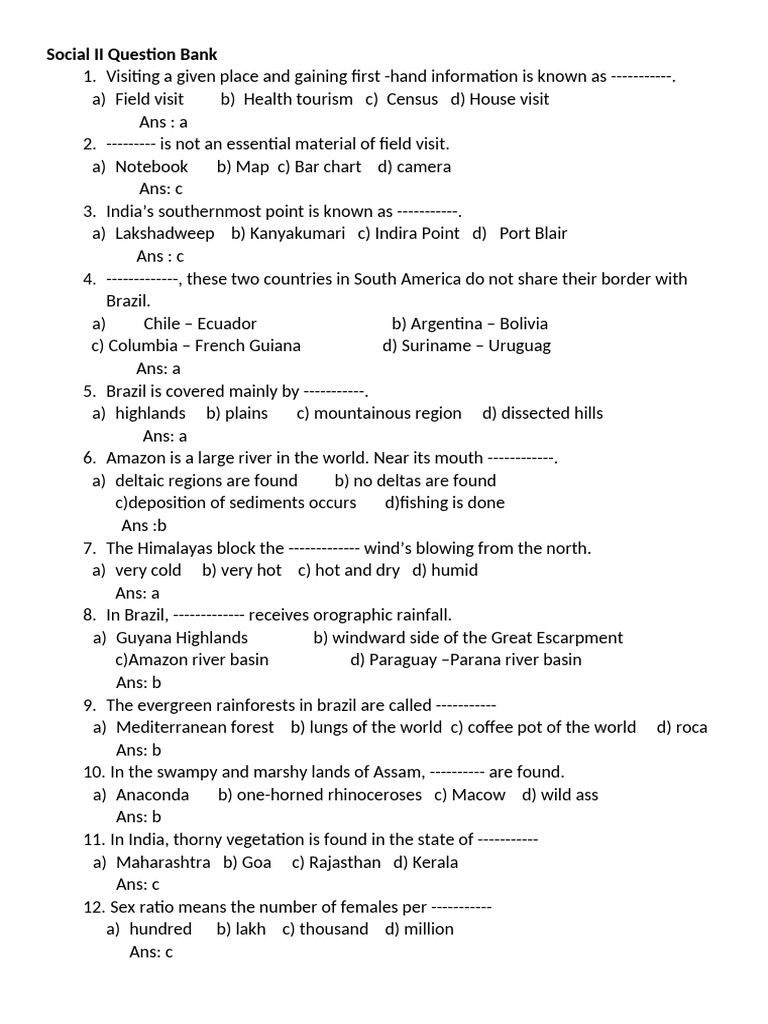 Social Studies Question Bank | PDF | South America | Physical Geography