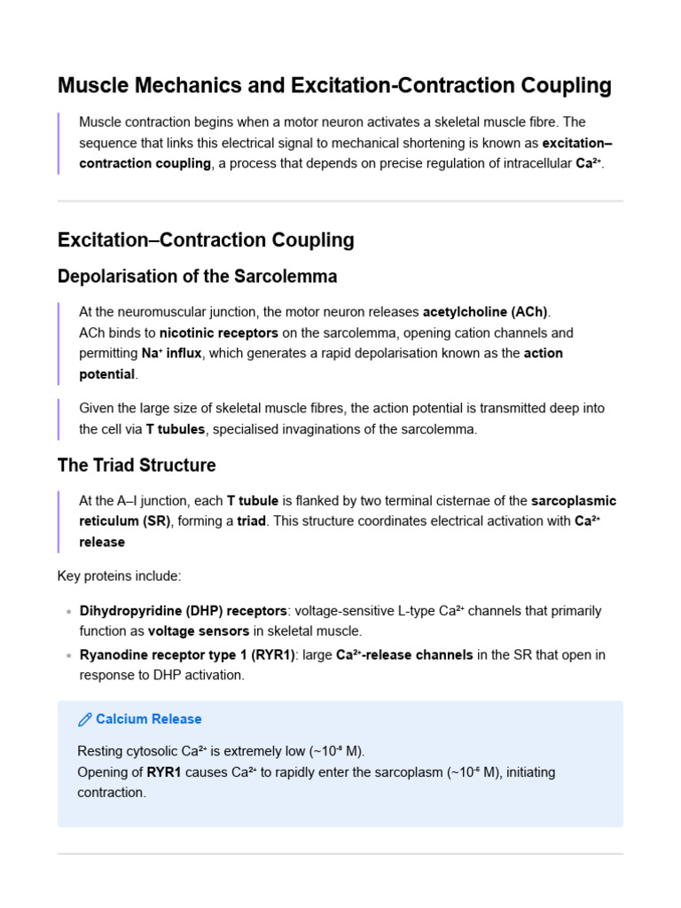 Muscle Mechanics and Excitation-Contraction Coupling | PDF | Muscle ...