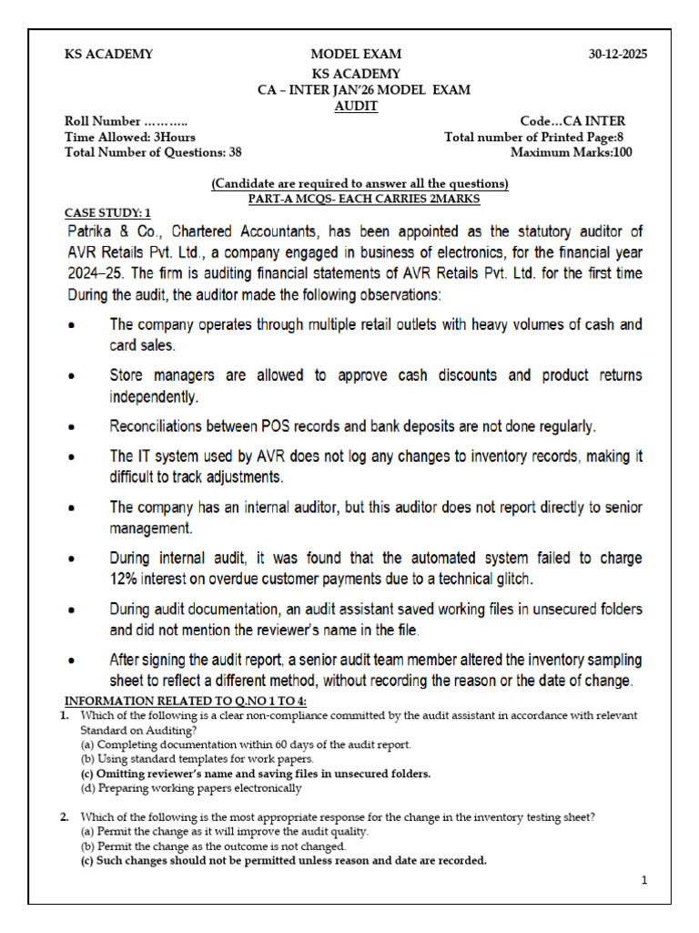 CA Inter Audit Model Exam January 2026 | PDF | Audit | Going Concern