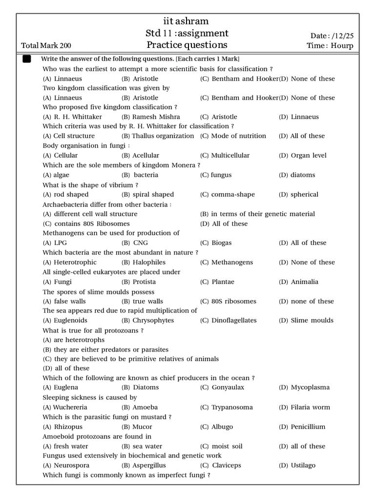 Class 11 Biology Assignment on Classification | PDF | Fungus | Cell ...