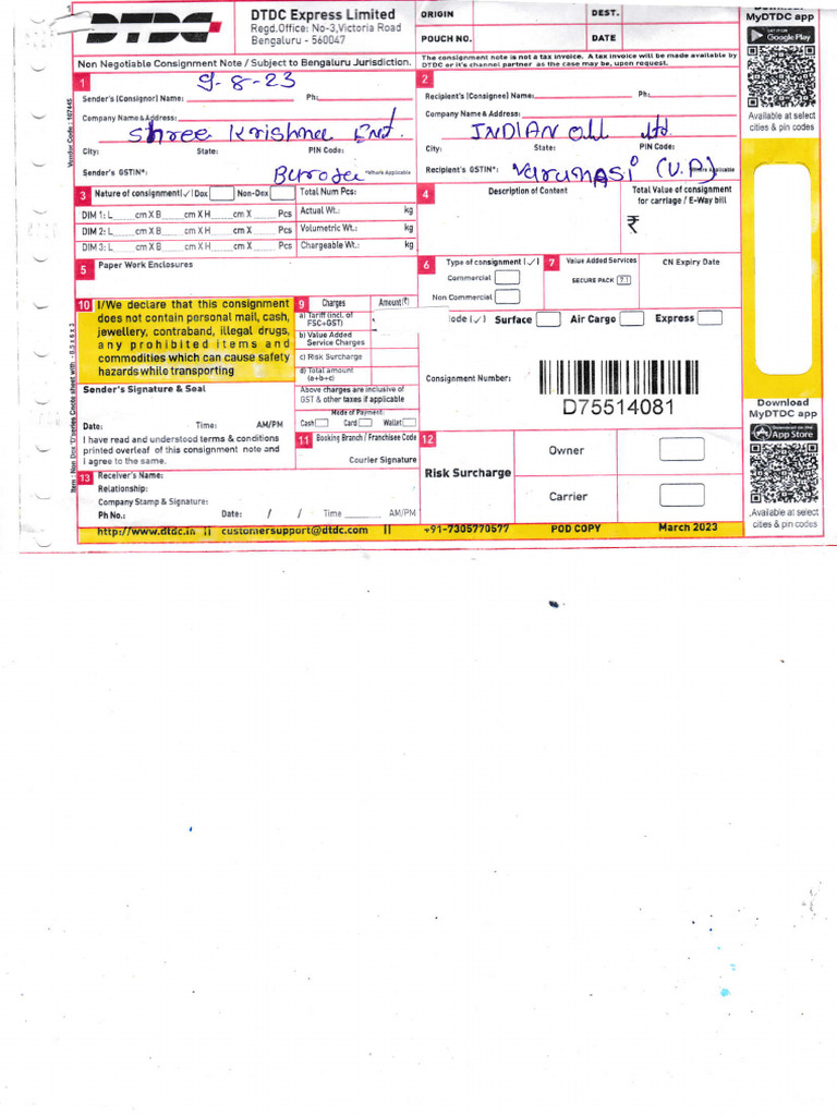 DTDC Courier Slip - 0001 | PDF