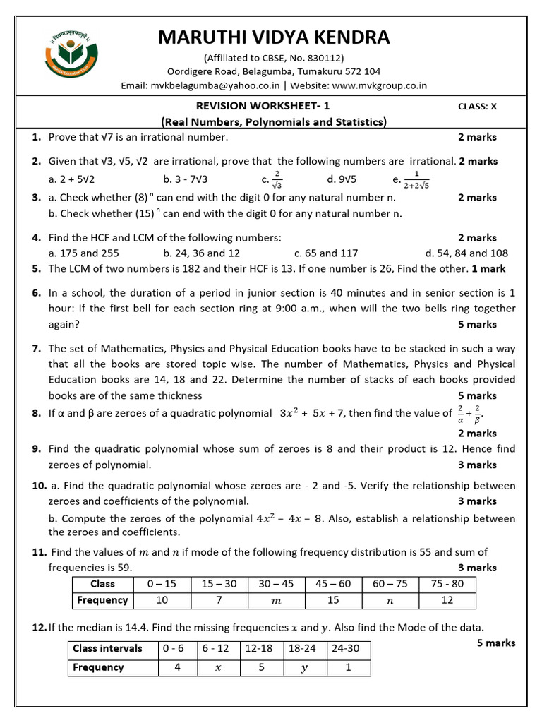 Class X Revision Worksheet: Math Concepts | PDF | Polynomial | Zero Of ...