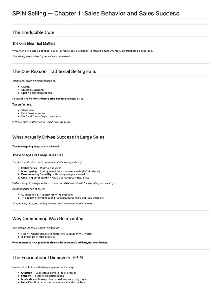 SPIN Selling: Mastering Large Sales Success | PDF | Sales | Cognitive ...