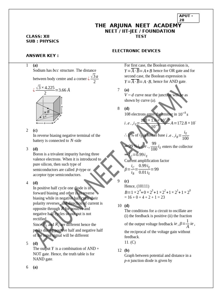NEET Physics Answer Key: Electronic Devices | PDF | P–N Junction ...