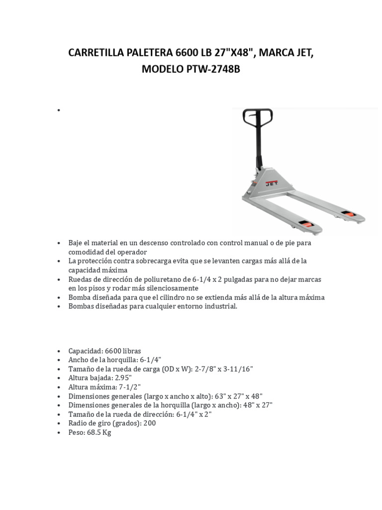 Carretilla Paletera Jet Modelo Ptw-2748b | PDF