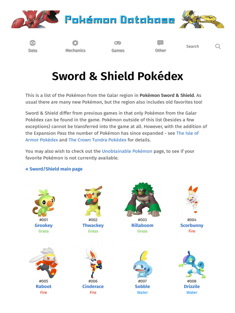 Pokémon Sword_Shield - Galar Pokédex _ Pokémon Database | PDF | Pokémon