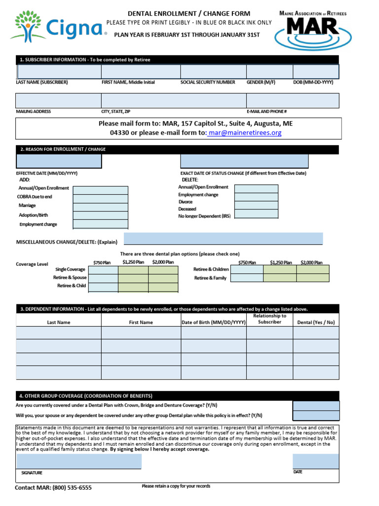 Dental Enrollment Change Form | PDF | Social Security (United States ...