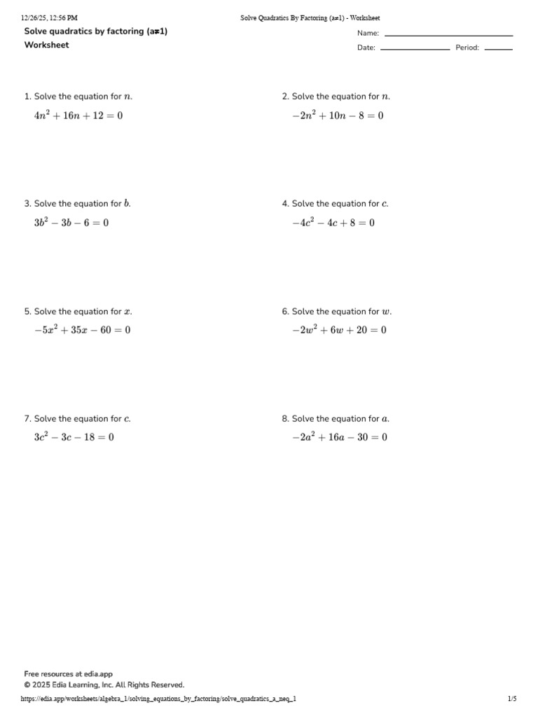 Solve Quadratics by Factoring (A 1) - Worksheet | PDF | Quadratic ...