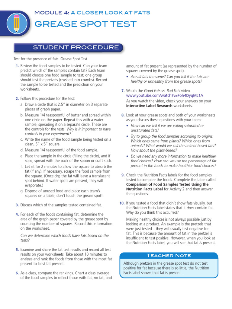 Grease Spot Test Student Instructions | PDF | Fat | Nutrition Facts Label