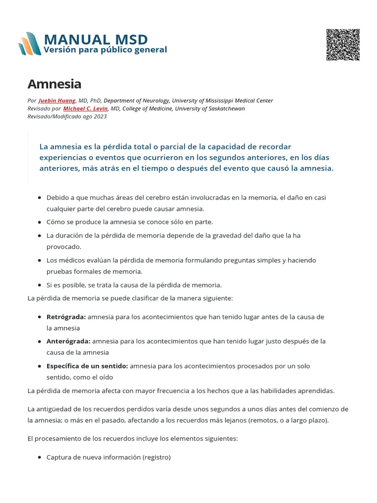 Amnesia - Enfermedades Cerebrales, Medulares y Nerviosas - Ma... | PDF ...