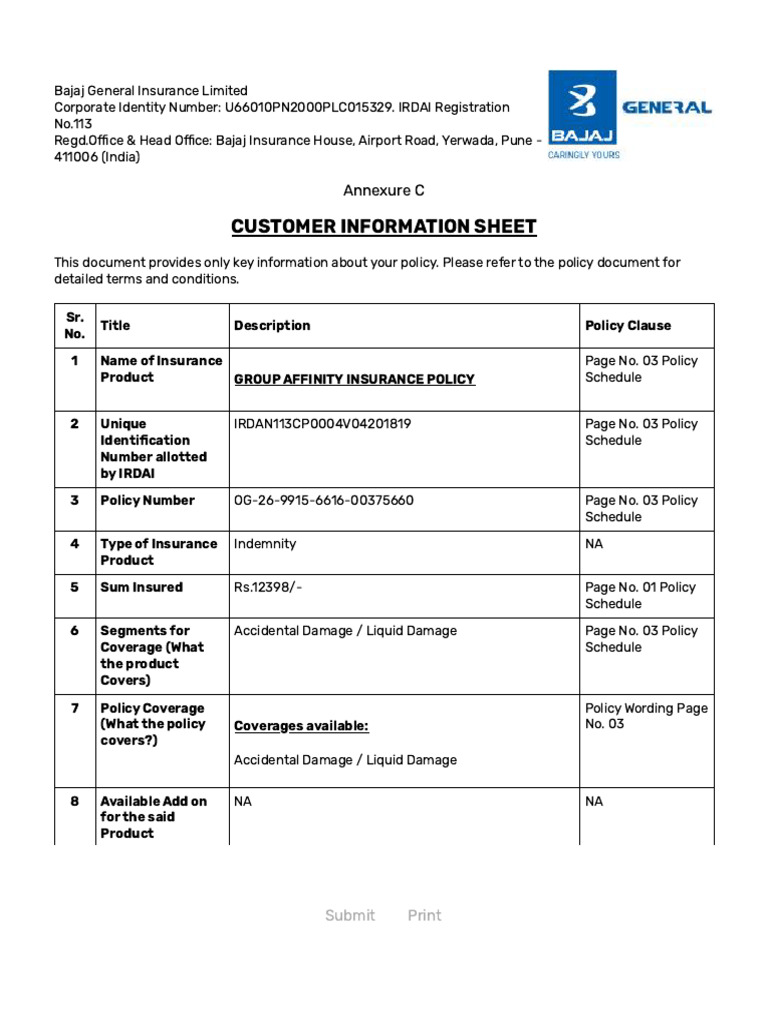 Bajaj Group Affinity Insurance Policy Details | PDF | Insurance ...