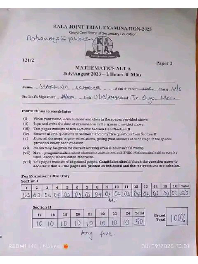 Kala Joint Examination Mathematics Paper 2 | PDF