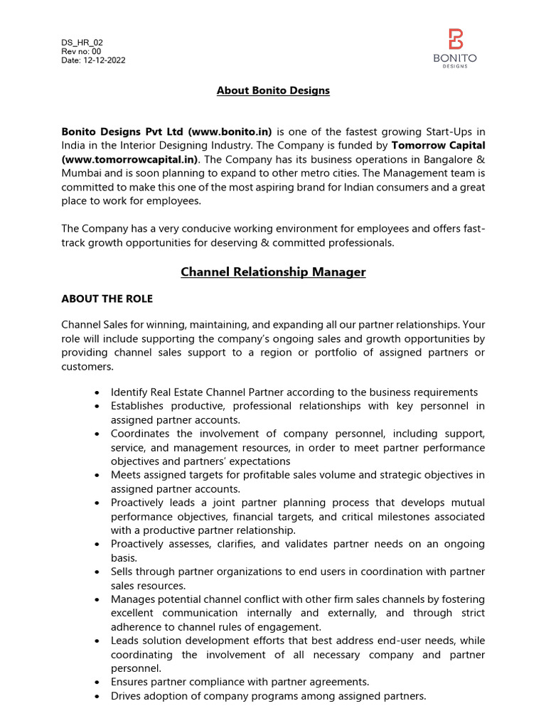 Channel Relationship Manager Role at Bonito Designs | PDF | Sales ...