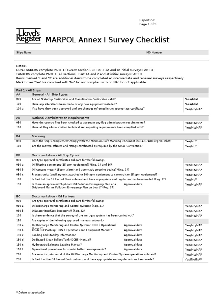 MARPOL Annex I Survey Checklist | Oil Tanker | Industries