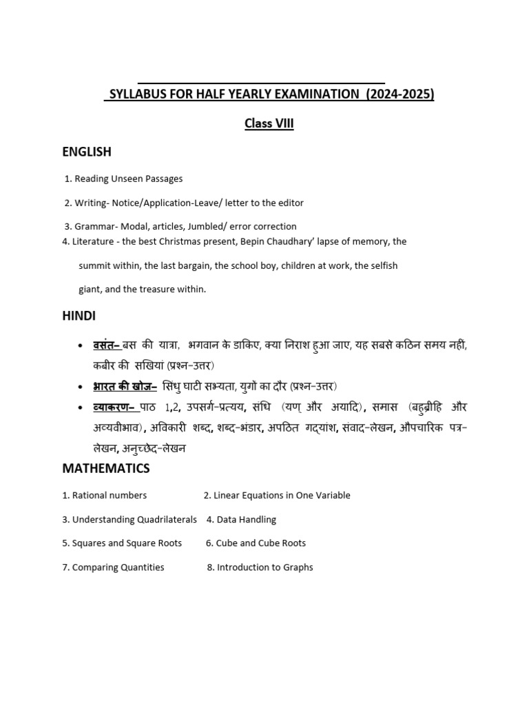 Class VIII Half-Yearly Exam Syllabus 2024-25 | PDF