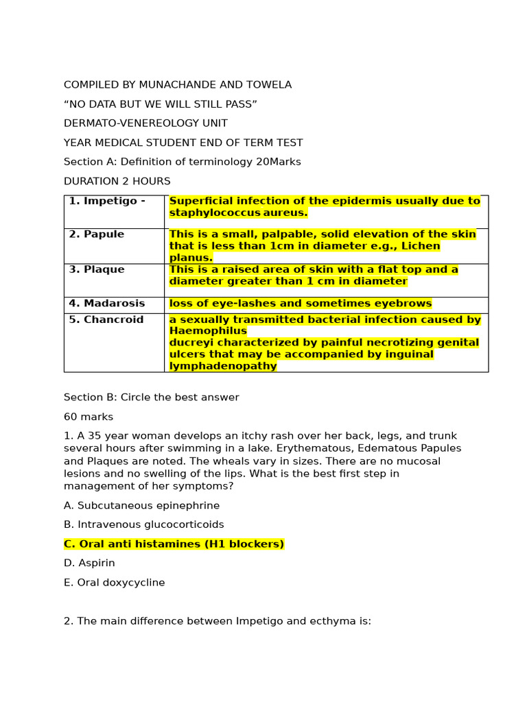Dermatology End of Term Test Guide | PDF | Skin | Cutaneous Conditions