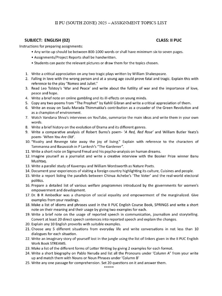 2025 - II PU Assignment Topic List - (South Zone) | PDF