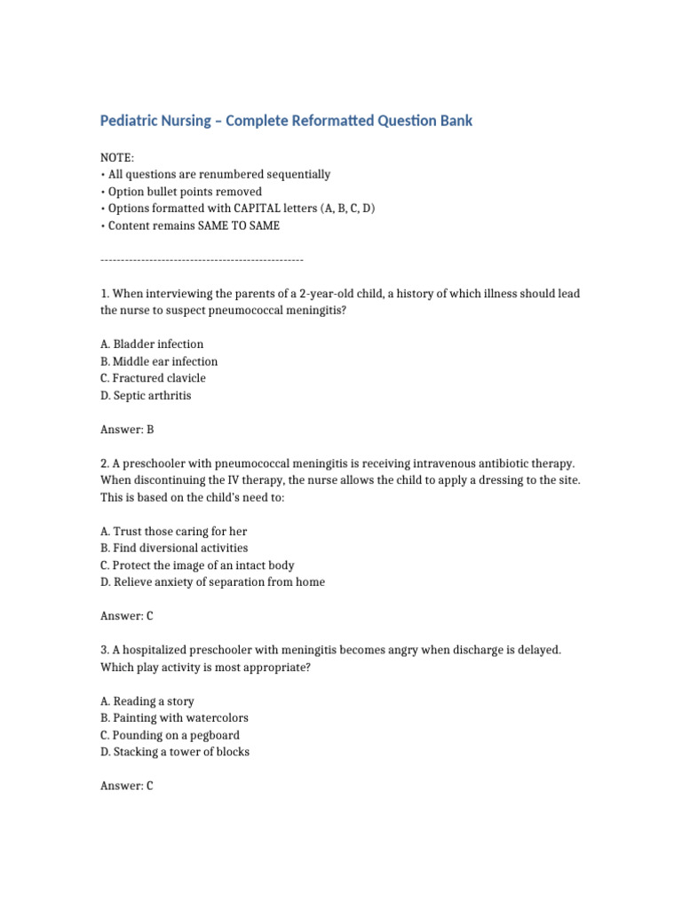 Pediatric Nursing Question Bank | PDF