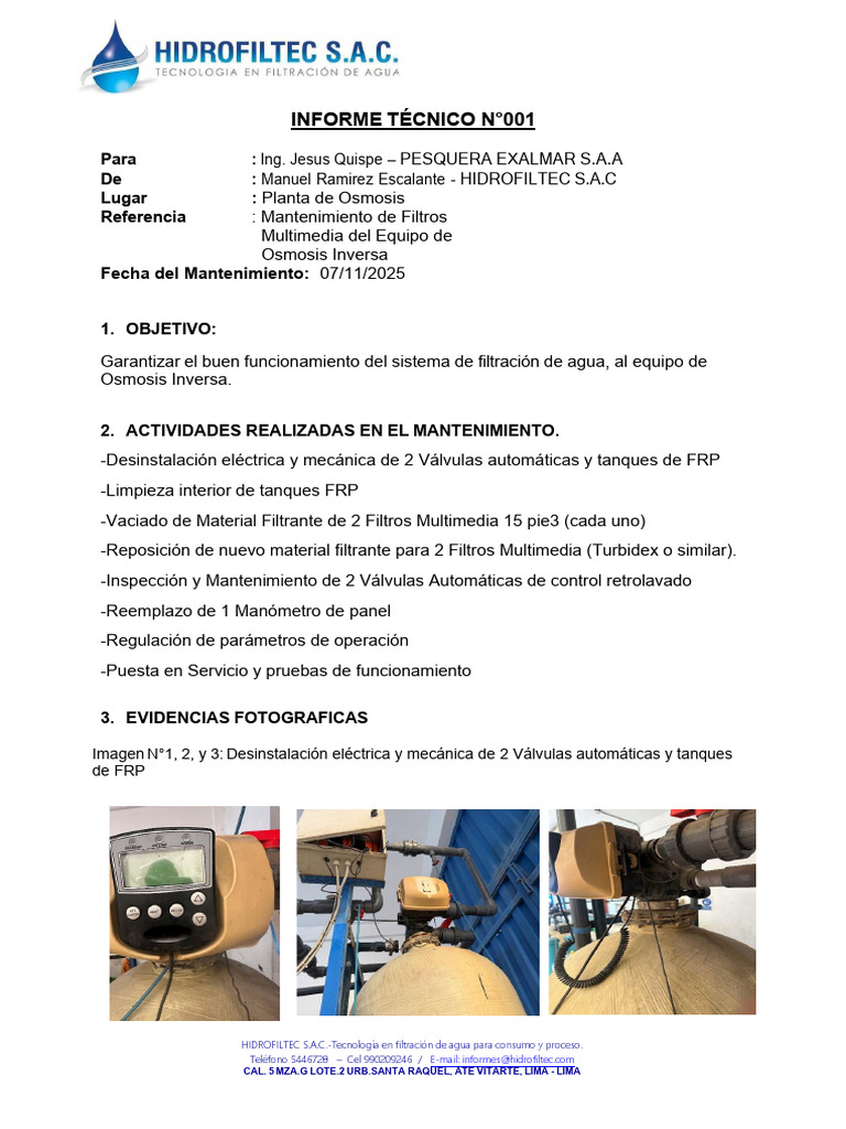 Informe 001_ Servicio Filtro Multimedia -Planta de Osmosis Inversa ...