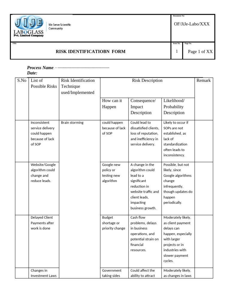 Risk Identification Form | PDF | Risk | Economies