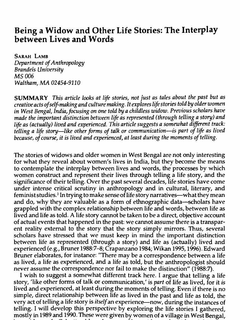 Being A Widow and Other Life Stories | PDF | Widow | Narrative