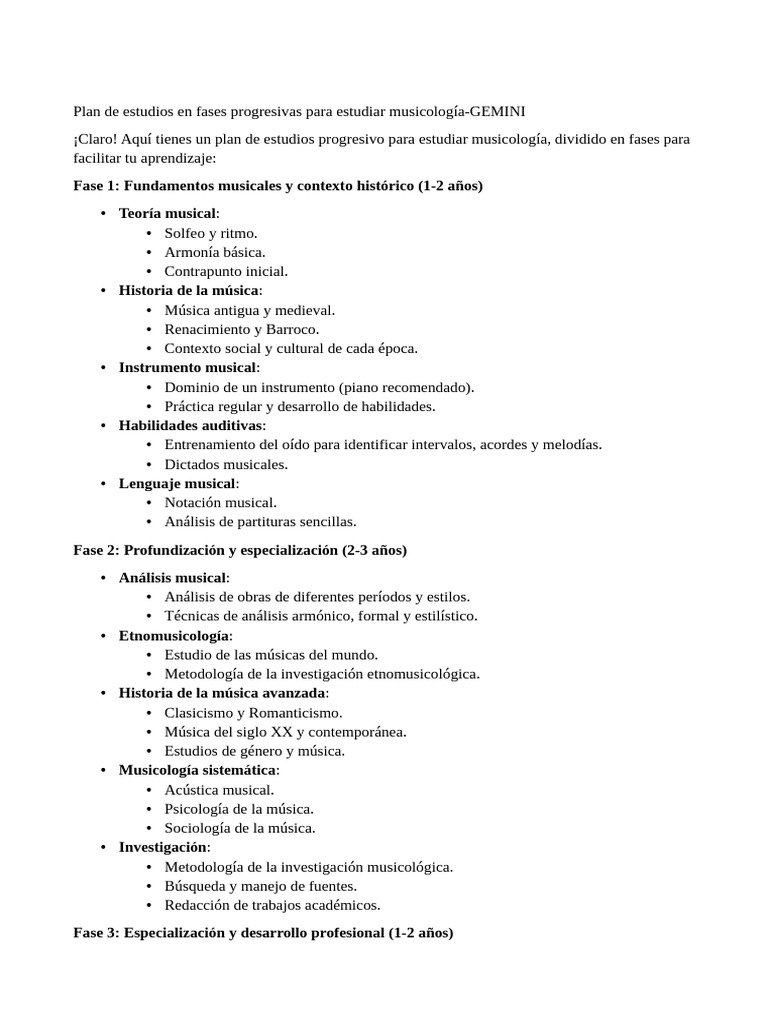 Plan de Estudios en Fases Progresivas Para Estudiar Musicología-GEMINI | PDF | Musicología ...
