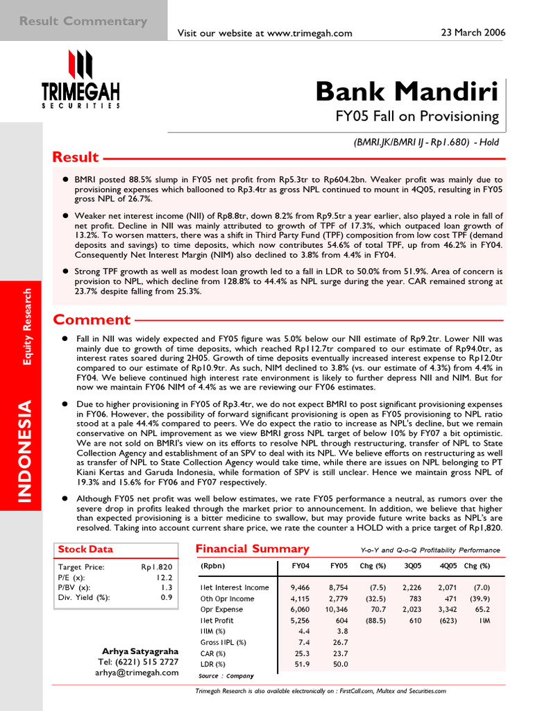 BMRI 060323 FY05 Fall on Provisioning | PDF | Economies | Private Sector