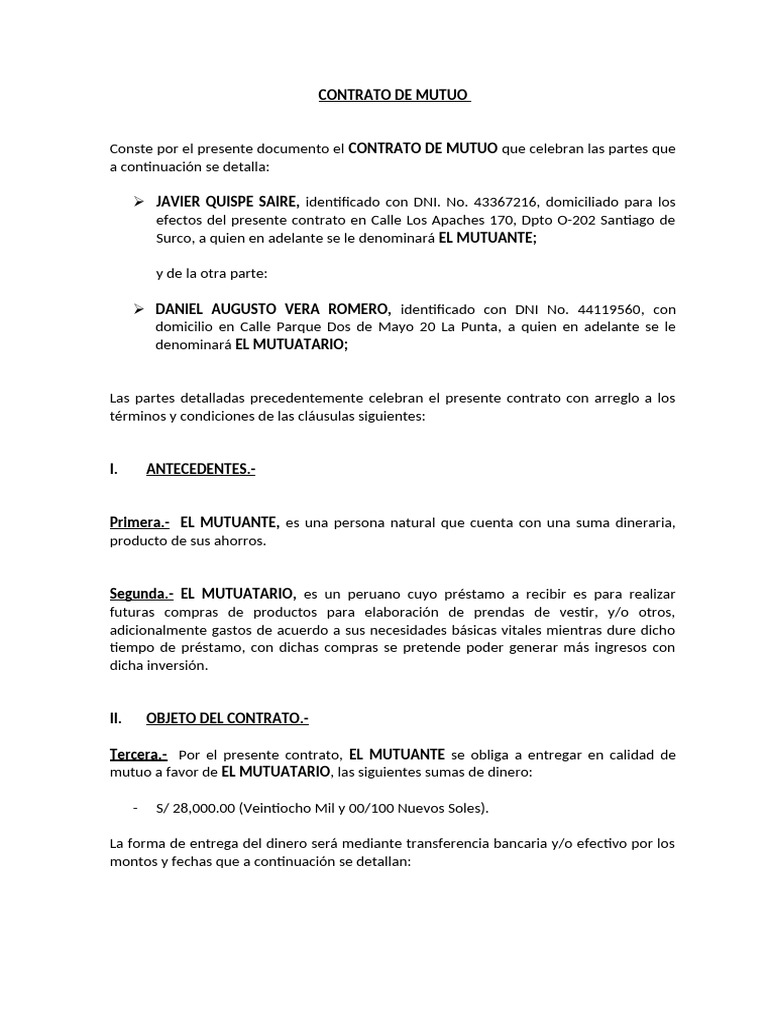 Contrato de Mutuo - Daniel Vera | PDF